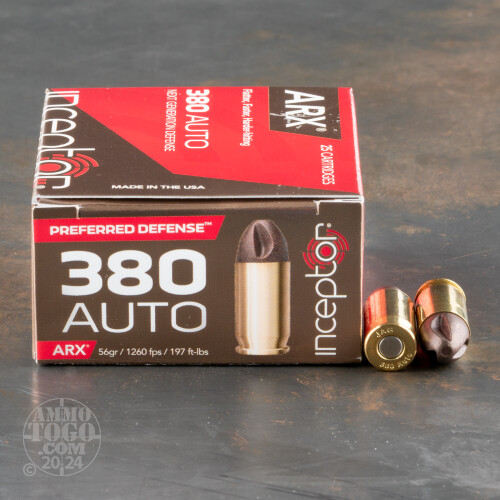 380 Auto (ACP) Ammo - 25 Rounds of 56 Grain ARX by Inceptor