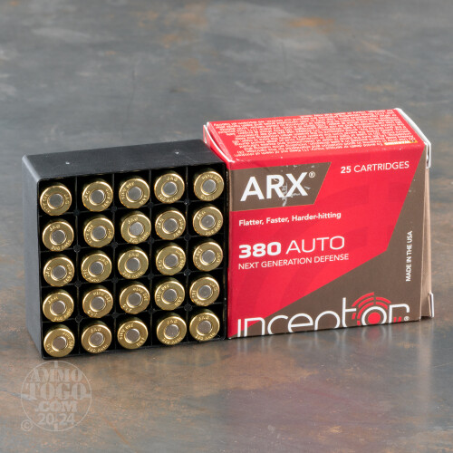 380 Auto (ACP) Ammo - 25 Rounds of 56 Grain ARX by Inceptor