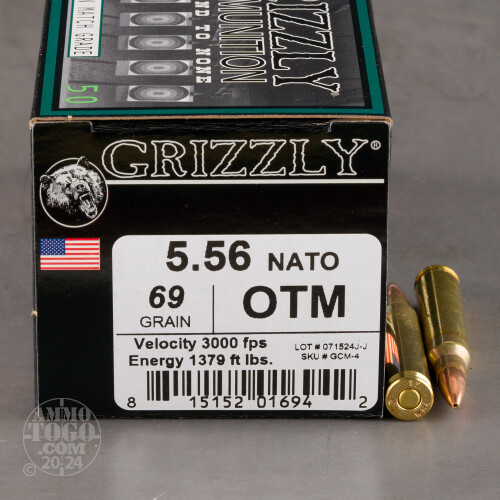 5.56x45mm Ammunition for Sale. Grizzly Ammo 69 Grain Open Tip Match ...
