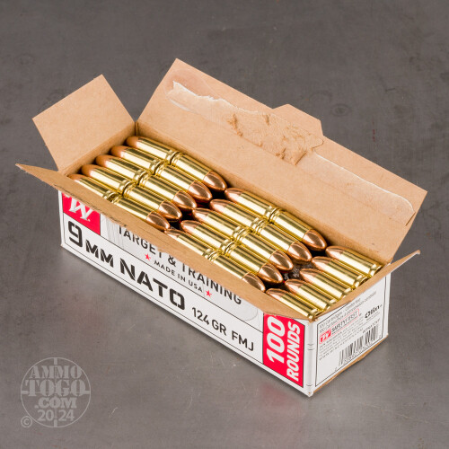 9mm Luger (9x19) Ammunition for Sale. Winchester 124 Grain Full Metal Jacket (FMJ) - 100 Rounds