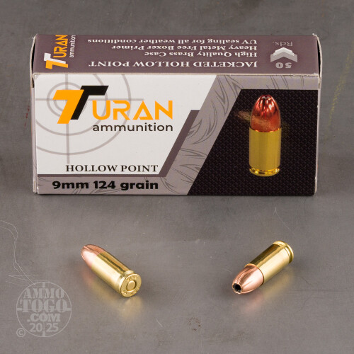 9mm Luger (9x19) Ammunition for Sale. Turan 124 Grain Jacketed Hollow ...