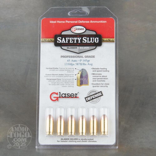 45 ACP (Auto) Ammo - 6 Rounds of 145 Grain Rifled Slug by Glaser Safety ...