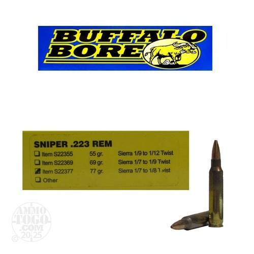 223 Remington Ammo - 20 Rounds of 77 Grain Hollow Point by Buffalo Bore