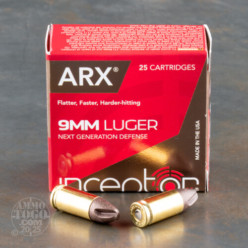 9mm Luger (9x19) Ammo - 25 Rounds of 65 Grain ARX by Inceptor