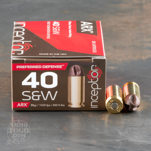 40 Smith & Wesson Ammo - 20 Rounds of 88 Grain ARX by Inceptor