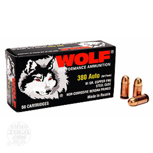 380 Auto (ACP) Full Metal Jacket (FMJ) Ammo for Sale by Wolf - 50 Rounds