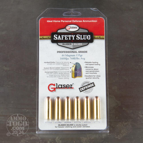 44 Magnum Ammo - 6 Rounds of 135 Grain Rifled Slug by Glaser Safety Slug