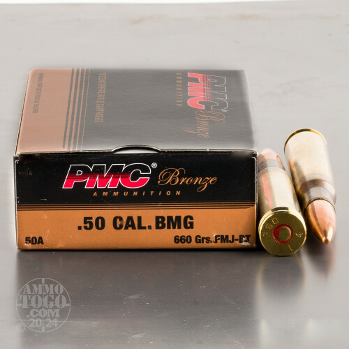 50 BMG Ammunition for Sale. PMC 660 Grain Full Metal Jacket Boat Tail ...