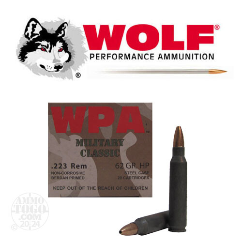 223 Remington Ammo - Rounds of 62 Grain Hollow Point by Wolf