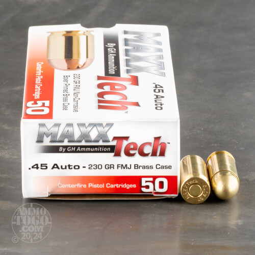 45 ACP (Auto) Full Metal Jacket (FMJ) Ammo for Sale by MaxxTech - 50 Rounds