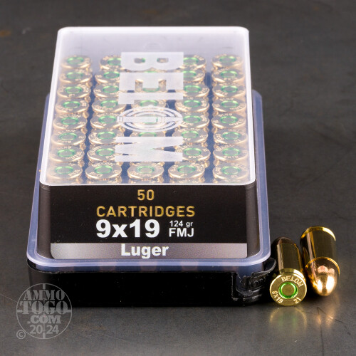 9mm Luger (9x19) Ammunition for Sale. Belom 124 Grain Full Metal Jacket ...