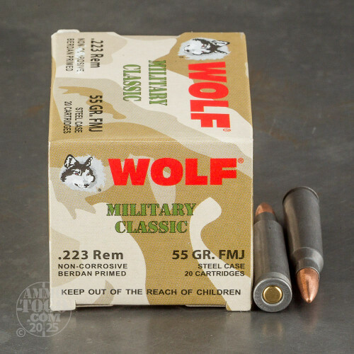 223 Remington Ammo - 20 Rounds of 55 Grain Full Metal Jacket (FMJ) by Wolf