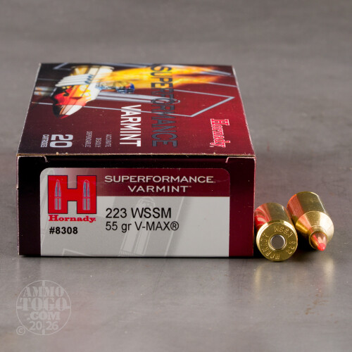 .223 WSSM Ammunition for Sale. Hornady 55 Grain V-MAX - 20 Rounds